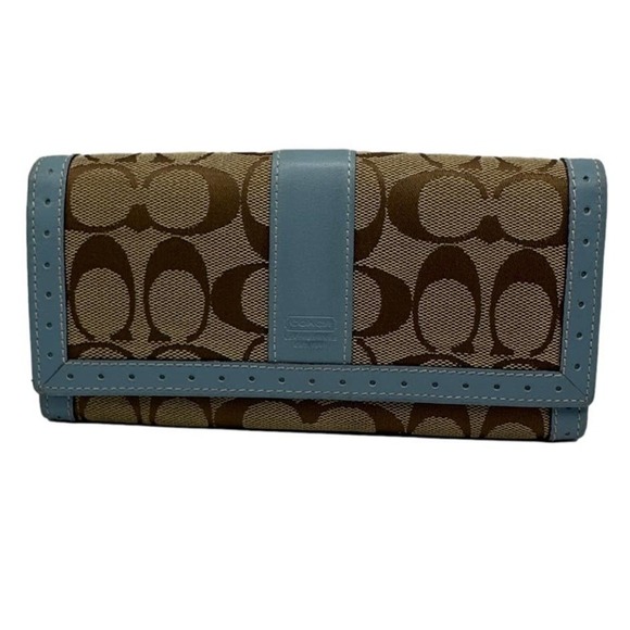 Coach | Bags | Coach Blue And Brown Signature Canvas Wallet | Poshmark